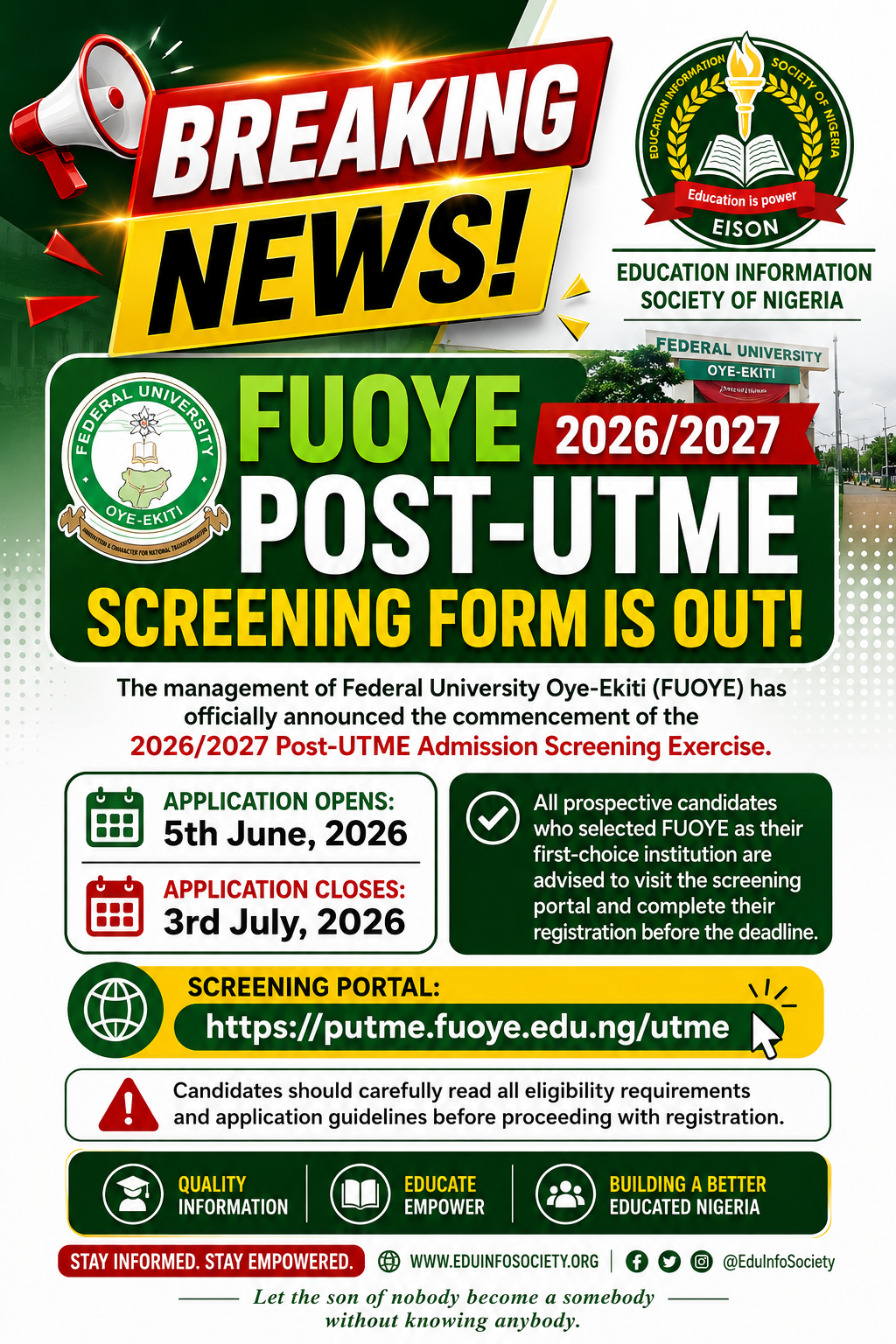 BpREAKING NEWS 🚨 🎓 FUOYE 2026/2027 POST-UTME SCREENING FORM IS OUT ...